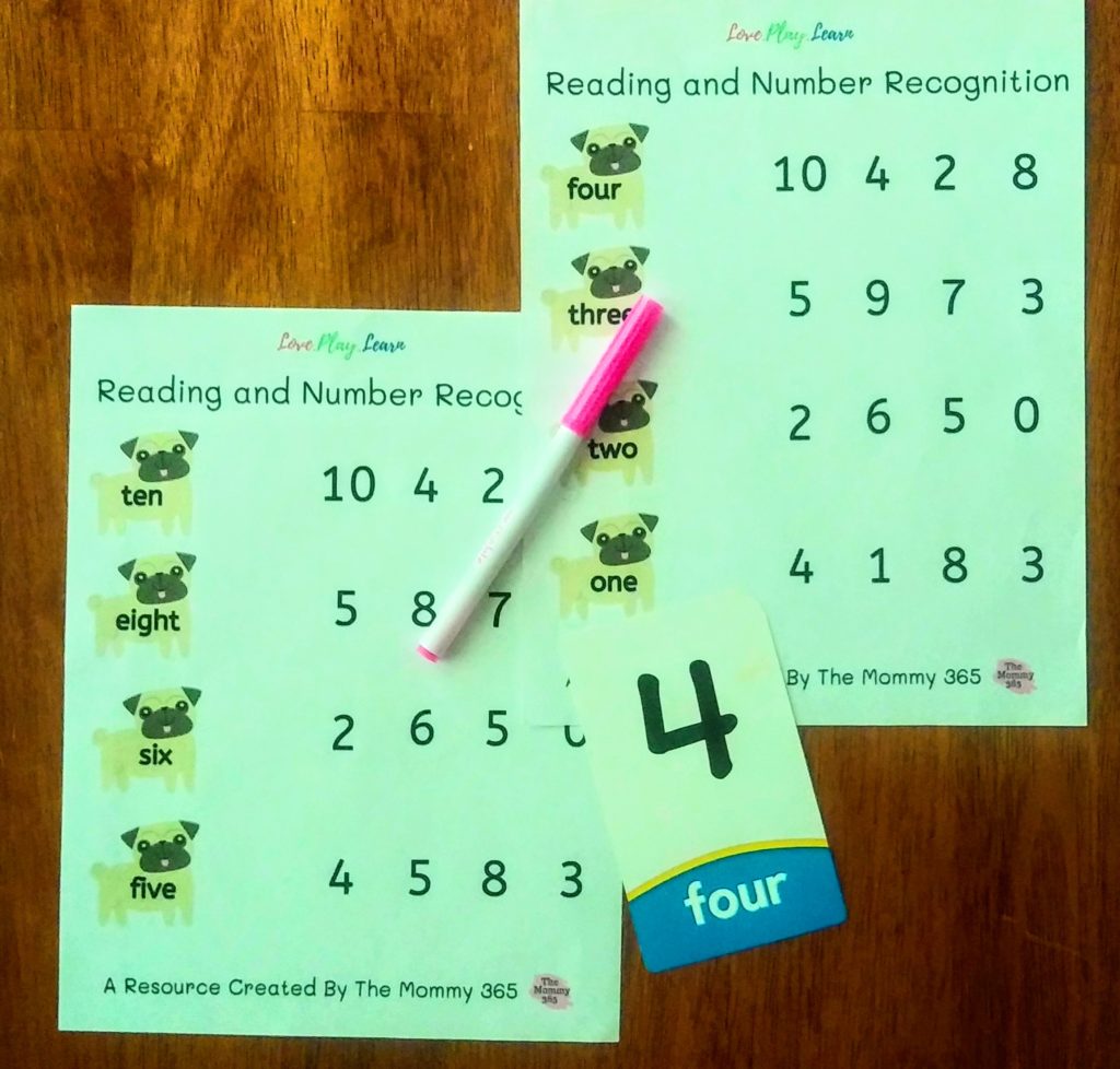 Reading and Number Recognition Puppy Printable